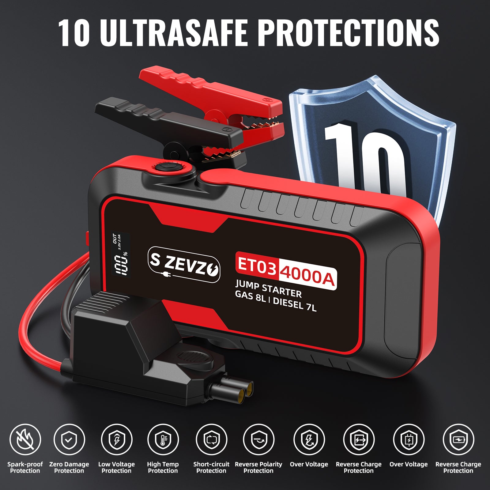 S ZEVZO ET03 Car Jump Starter 4000A Jump Starter Battery Pack for Up t