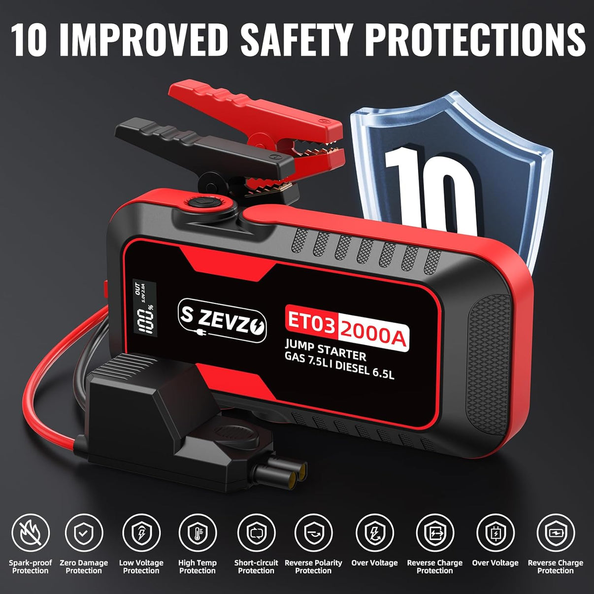 ET03 Car Jump Starter 2000A Jump Starter Battery Pack for Up to 7.5L G ...