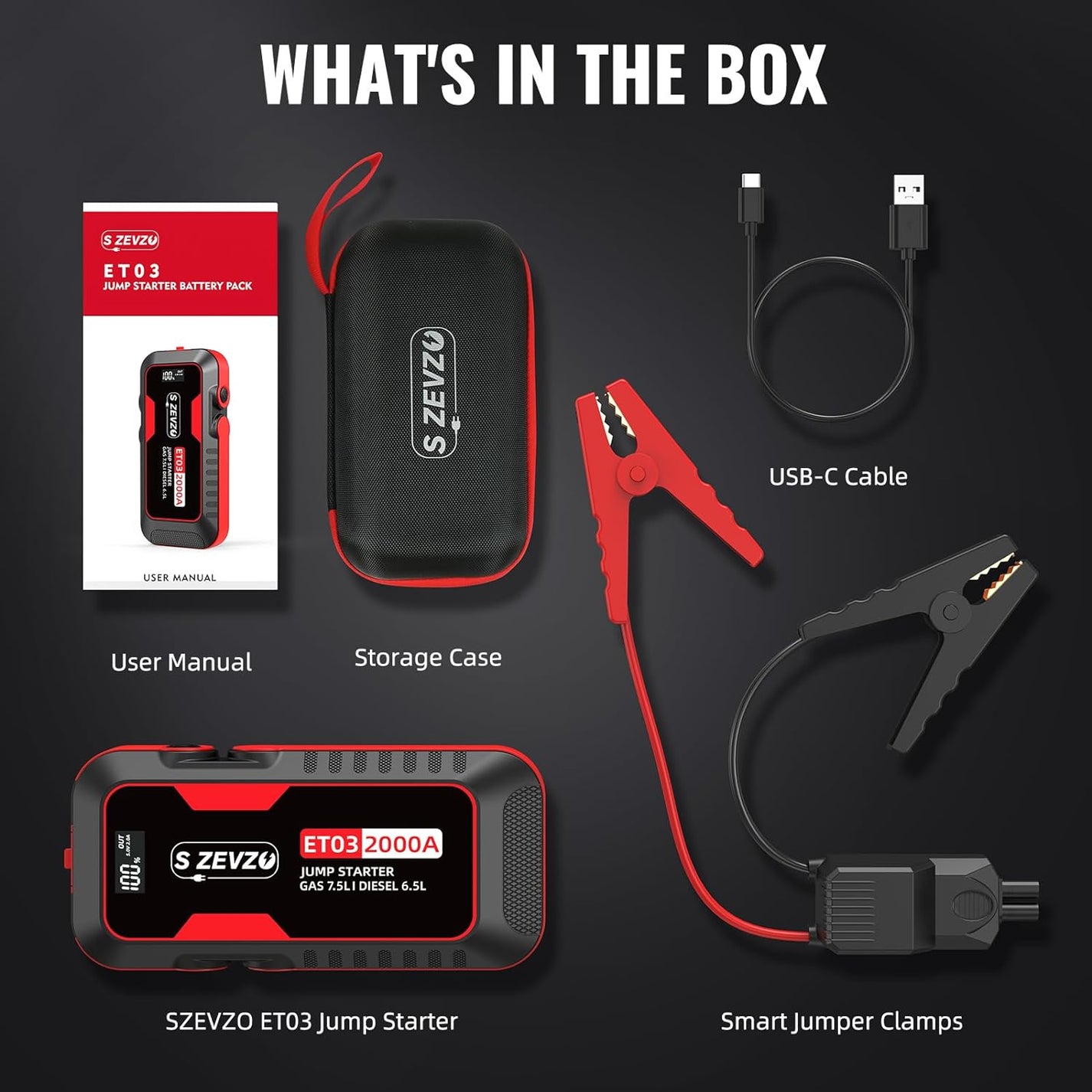 ET03 Car Jump Starter 2000A Jump Starter Battery Pack for Up to 7.5L G ...